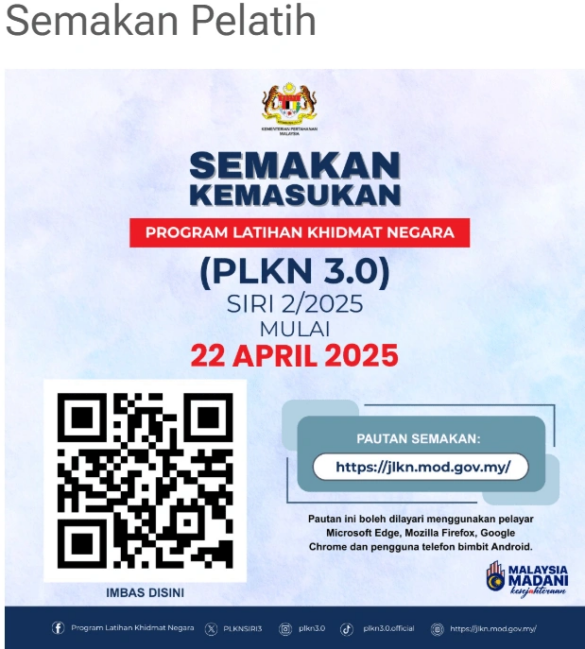 Semakan PLKN 3.0 : Program Latihan Khidmat Negara 2025 / 2026