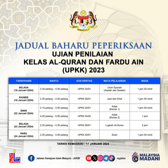 Jadual Waktu Peperiksaan UPKK 2024 Ujian Penilaian Kelas KAFA